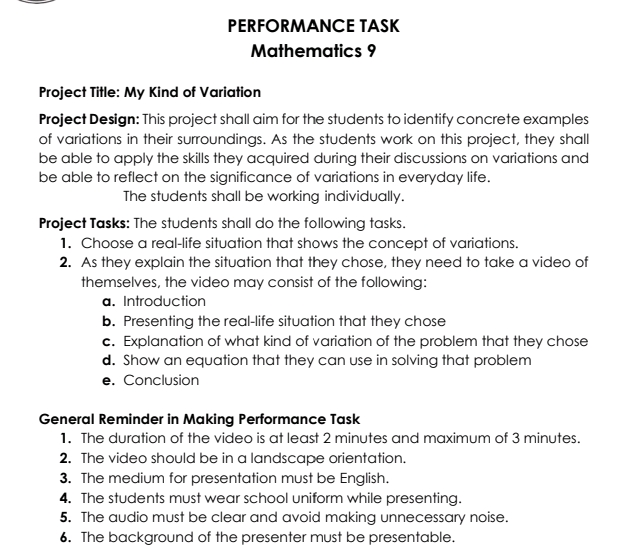 PERFORMANCE TASK Mathematics 9 Project Title | StudyX