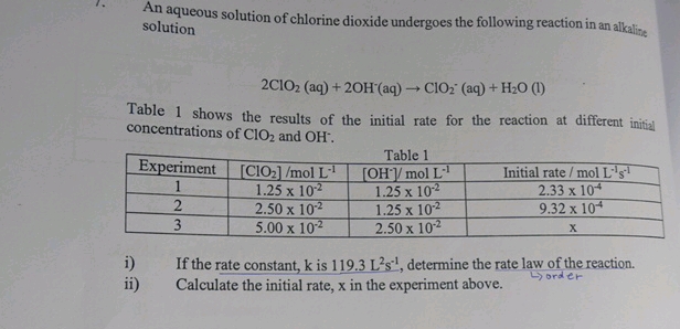 An aqueous solution of chlorine dioxide | StudyX