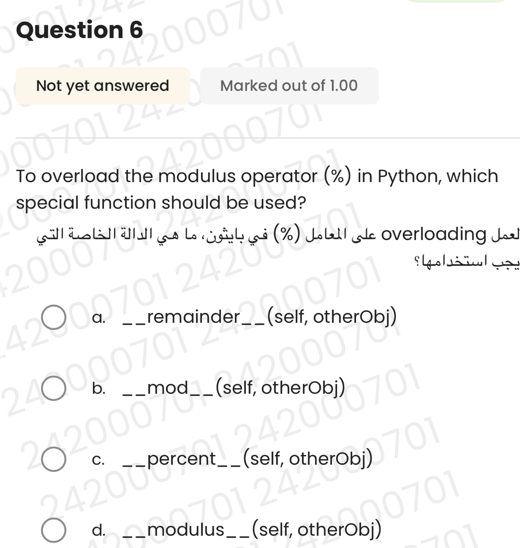 To overload the modulus operator () in | StudyX