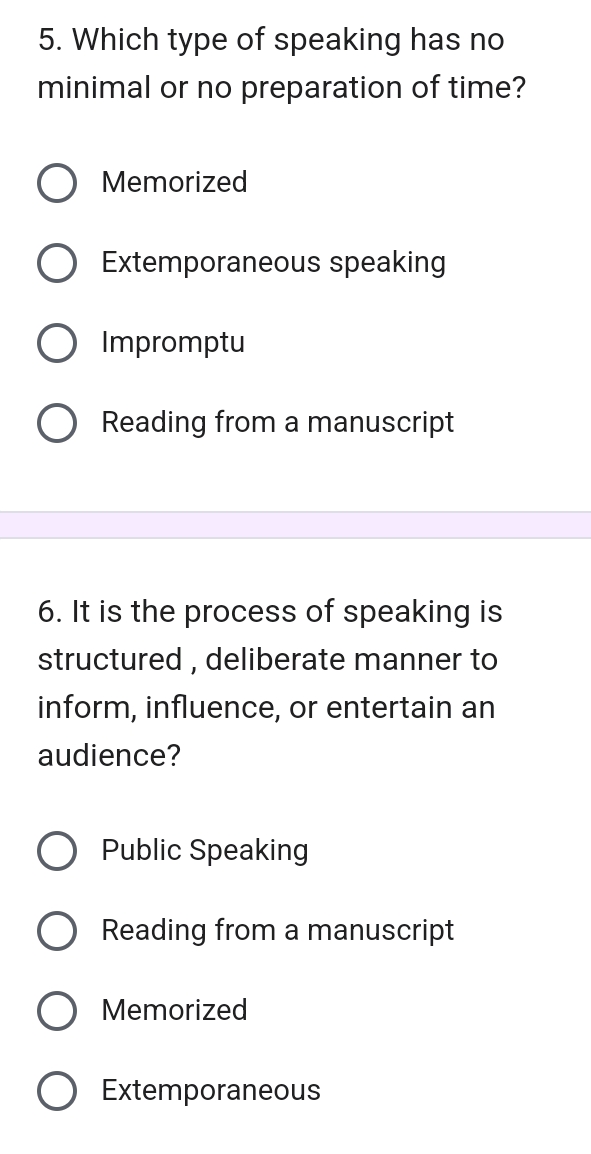 5 Which type of speaking has no minimal or | StudyX