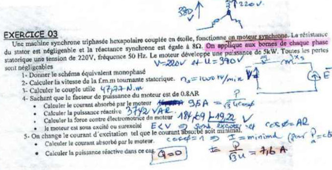EXERCICE 03 Une machine synchrone triphase | StudyX
