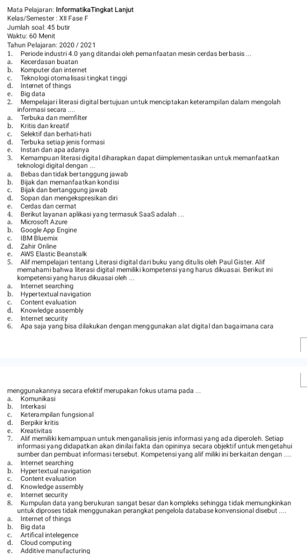 Mata Pelajaran Informatika Tingkat Lanjut | StudyX