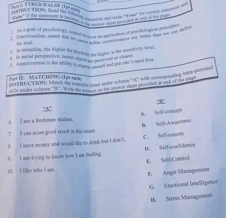 Part I TRUE/FALSE (1pt each) INSTRUCTION | StudyX