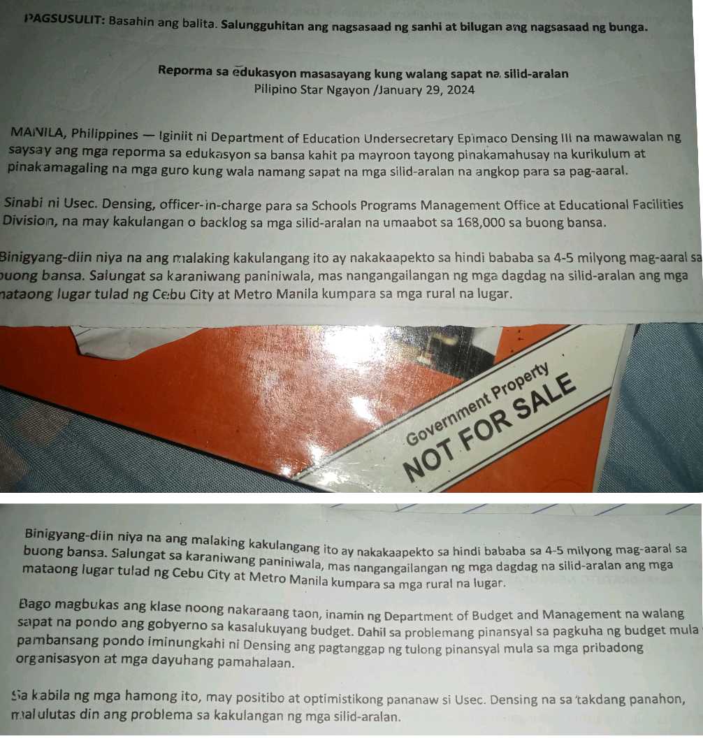 PAGSUSULIT Basahin ang balita Salungguhitan | StudyX