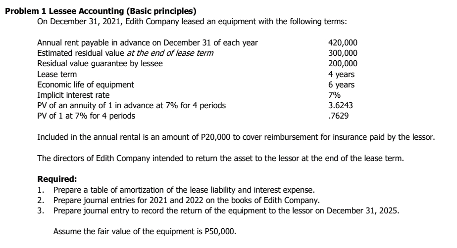 Problem 1 Lessee Accounting (Basic | StudyX