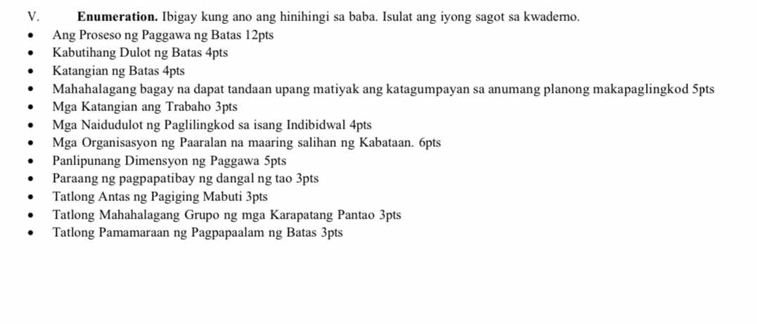 V Enumeration Ibigay kung ano ang hinihingi | StudyX