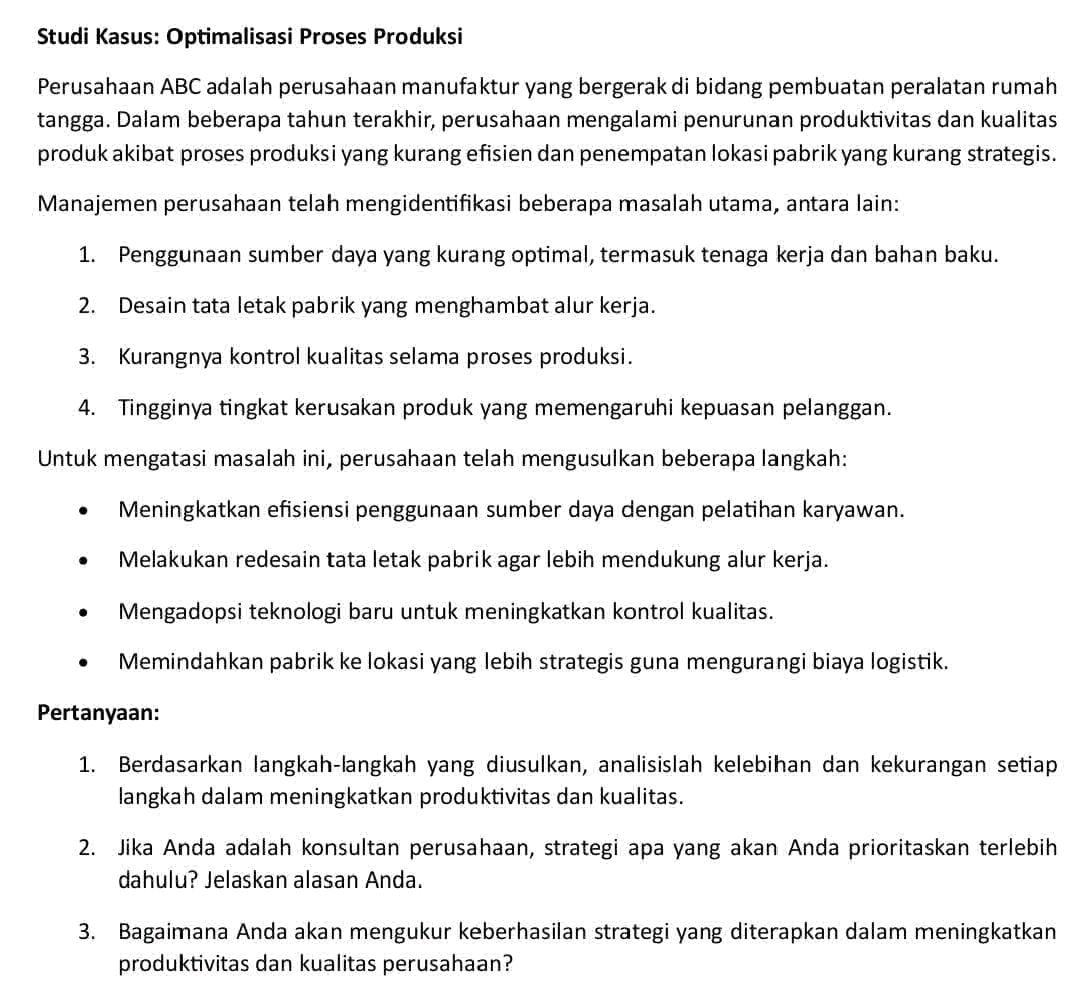 Studi Kasus Optimalisasi Proses Produksi | StudyX