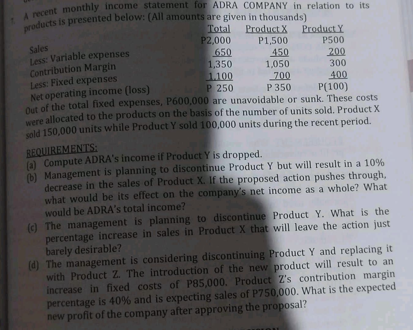 1 A recent monthly income statement for ADRA | StudyX