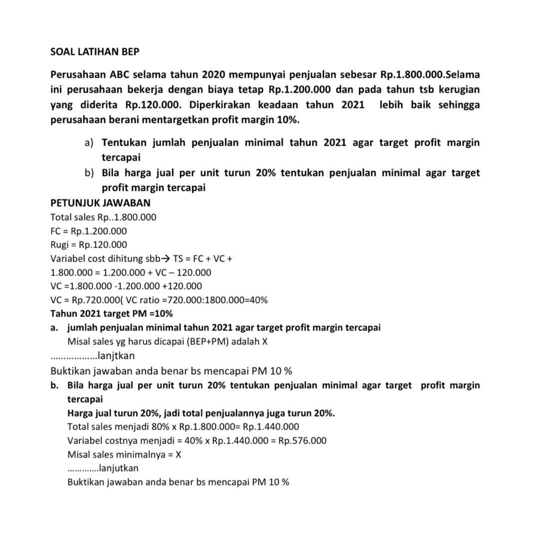 SOAL LATIHAN BEP Perusahaan ABC selama tahun | StudyX