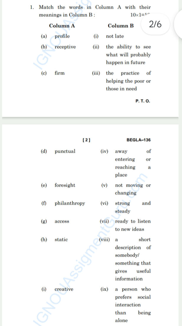 1 Match the words in Column A with their | StudyX