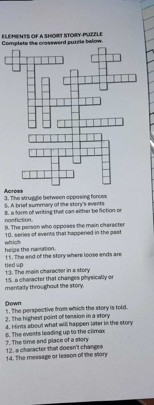 ELEMENTS OF A SHORT STORY-PUZZLE Complete | StudyX