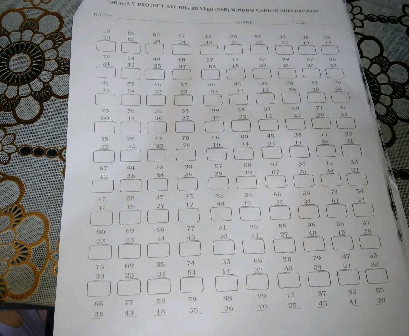 GRADE 7 PROJECT ALL NUMERATES (PAN) WINDOW | StudyX