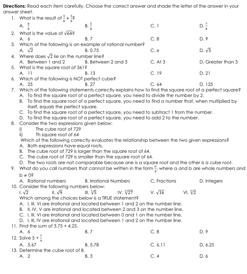Directions Read each item carefully Choose | StudyX