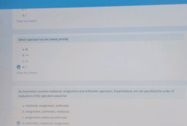 Which operator has the lowest priority a b | StudyX