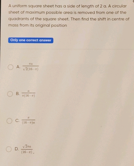 A uniform square sheet has a side of length | StudyX