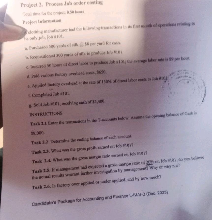 Project 2 Process Job order costingTotal | StudyX
