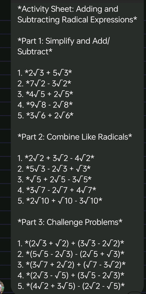 Activity Sheet Adding and Subtracting | StudyX