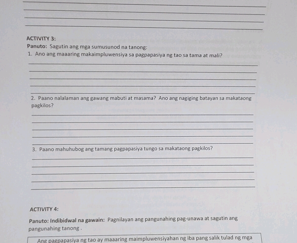 ACTIVITY 3 Panuto Sagutin ang mga sumusunod | StudyX