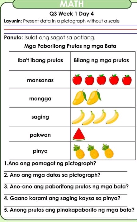 MATH Q3 Week 1 Day 4 Layunin Present data in | StudyX
