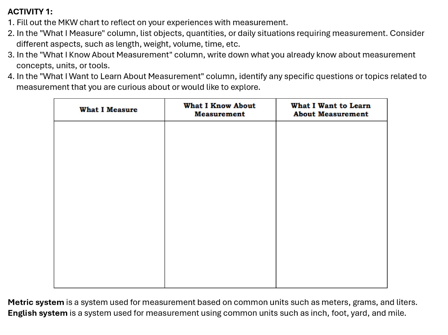ACTIVITY 1 1 Fill out the MKW chart to | StudyX