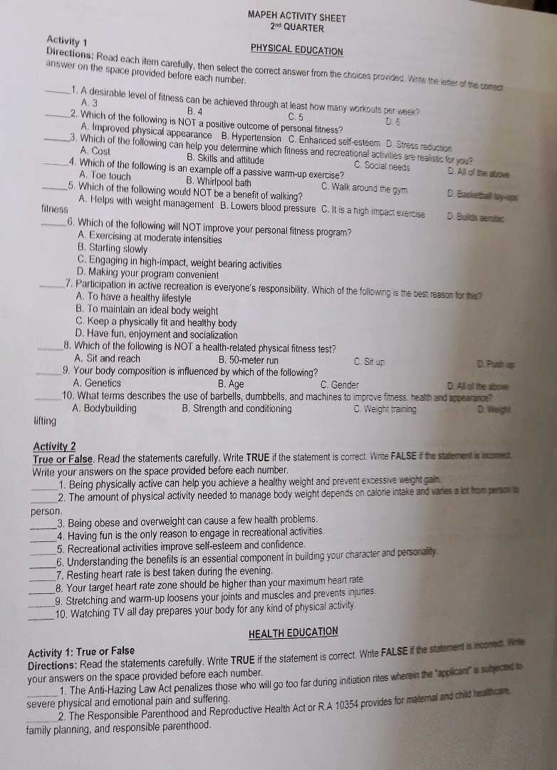 MAPEH ACTIVITY SHEET 2nd QUARTER PHYSICAL | StudyX