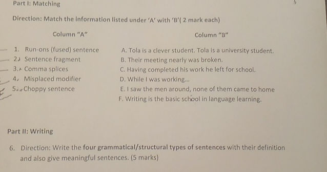 Part 1 Matching Direction Match the | StudyX