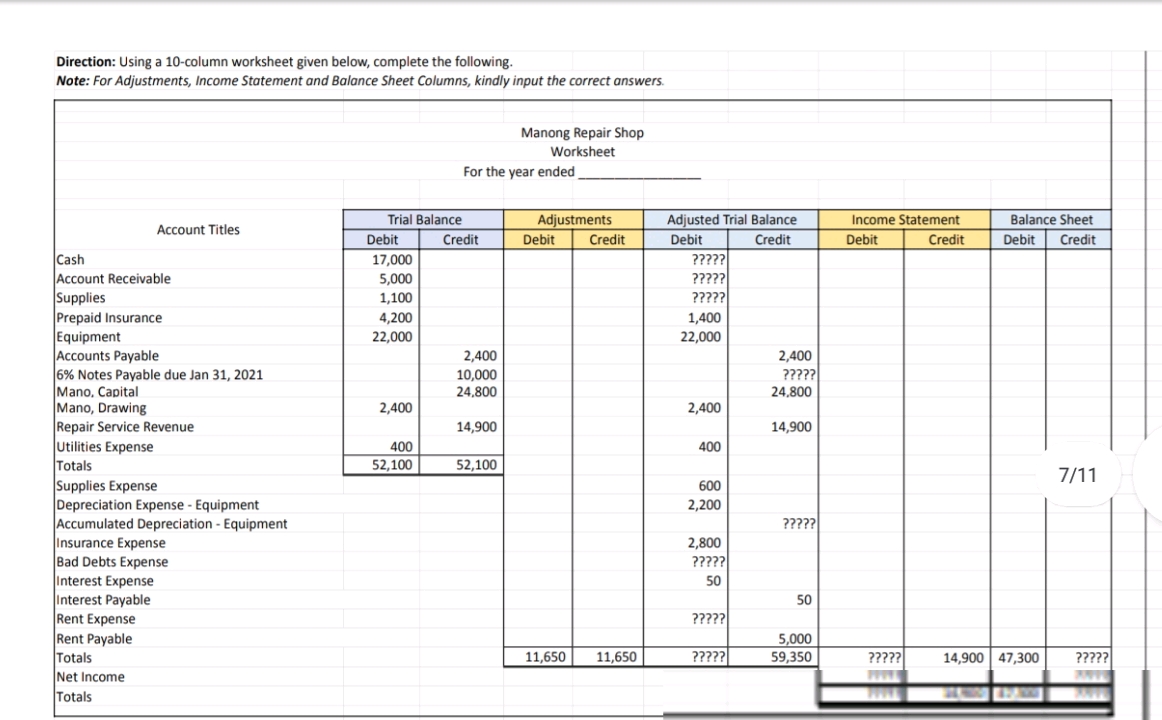 Direction Using a 10-column worksheet given | StudyX