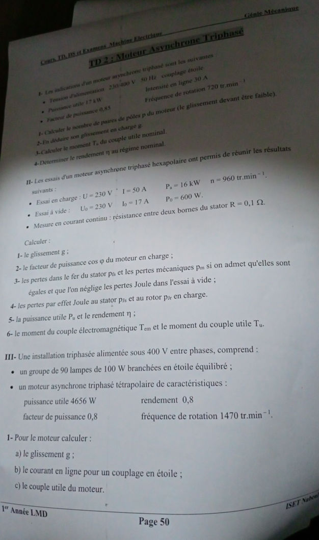 TD 2 Moteur Asynchrone Triphas I- Les | StudyX