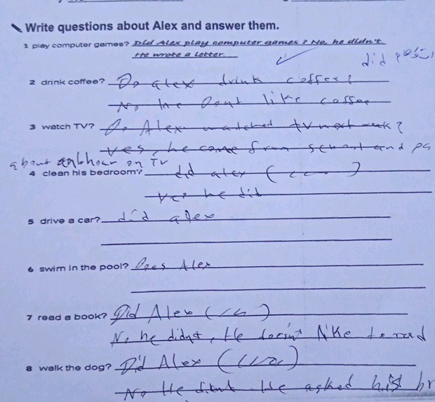 Write questions about Alex and answer them 1 | StudyX