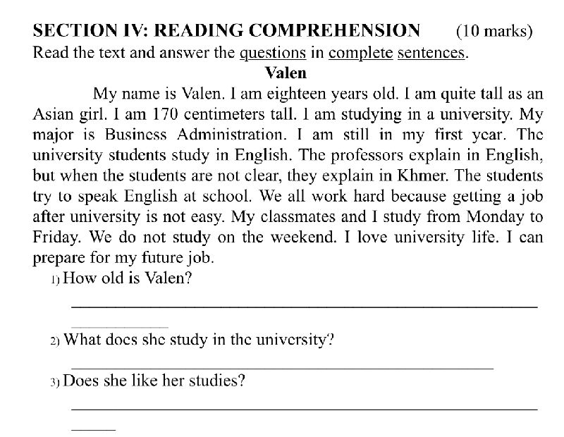 SECTION IV READING COMPREHENSION (10 marks) | StudyX
