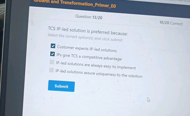 Question 13/20 TCS IP-led solution is | StudyX