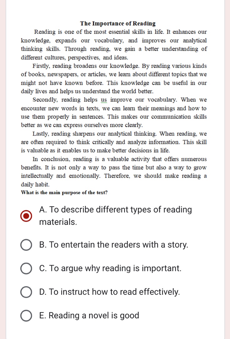 The Importance of Reading Reading is one of | StudyX