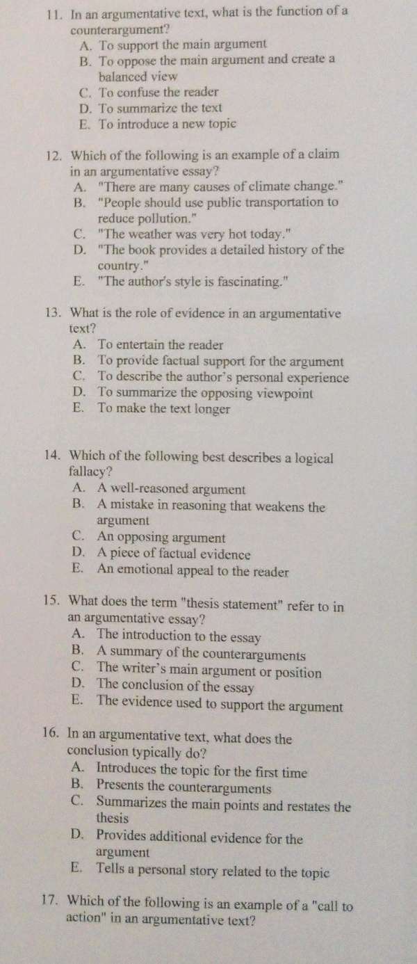 11 In an argumentative text what is the | StudyX