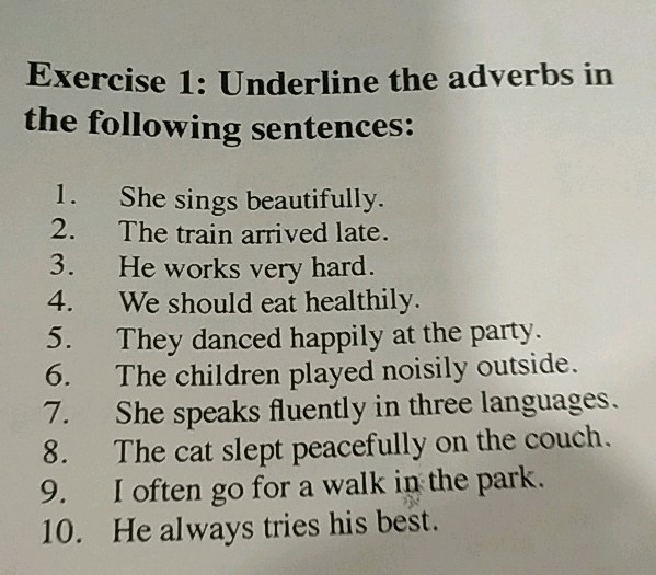 Exercise 1 Underline the adverbs in the | StudyX