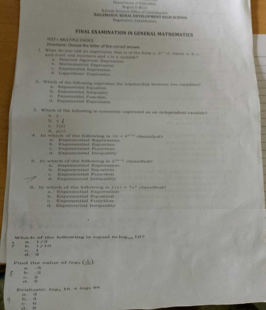 FINAL EXAMINATION IN GENERAL MATHEMATICS | StudyX