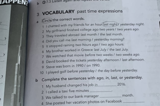 3 VOCABULARY past time expressions a Circle | StudyX
