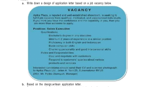 a Write down a design of application letter | StudyX