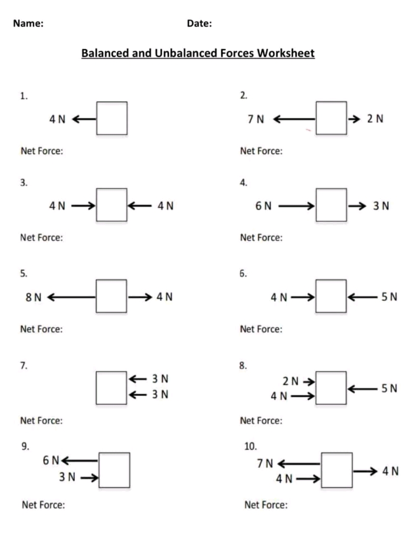 Balanced and Unbalanced Forces Worksheet 1 | StudyX