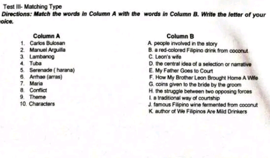 Test III- Matching Type Directions Match the | StudyX