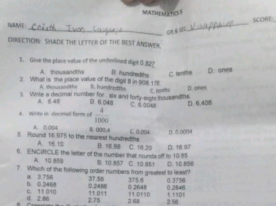MATHEMATICS NAME Ceisth Ivan Casquejo | StudyX