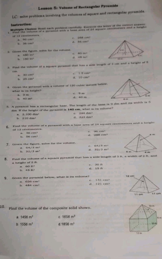 Lesson 5 Volume of Rectangular Pyramids LC | StudyX
