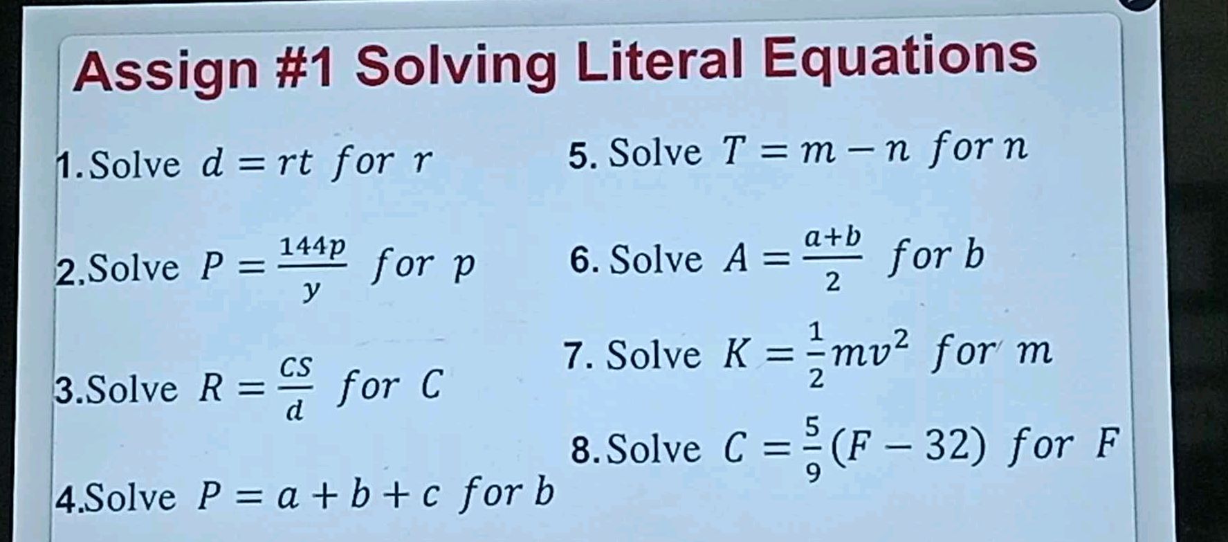 solving literal equations solve p = 144p/y for p