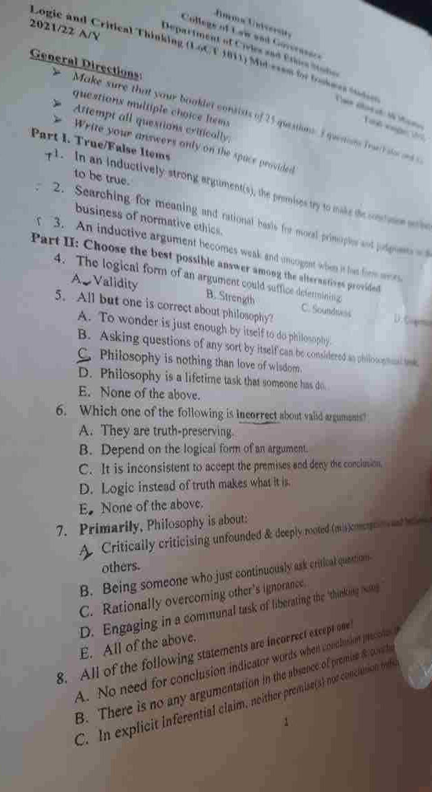 Logic and Critical Thinking (11811) Mid-term | StudyX