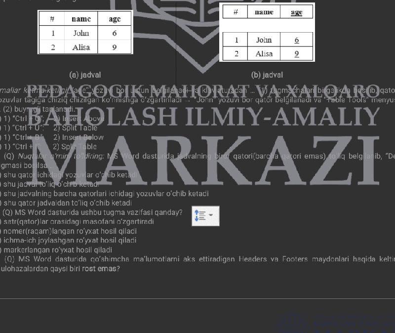 name age 1 John 6 2 Alisa 9 (a) jadval | StudyX