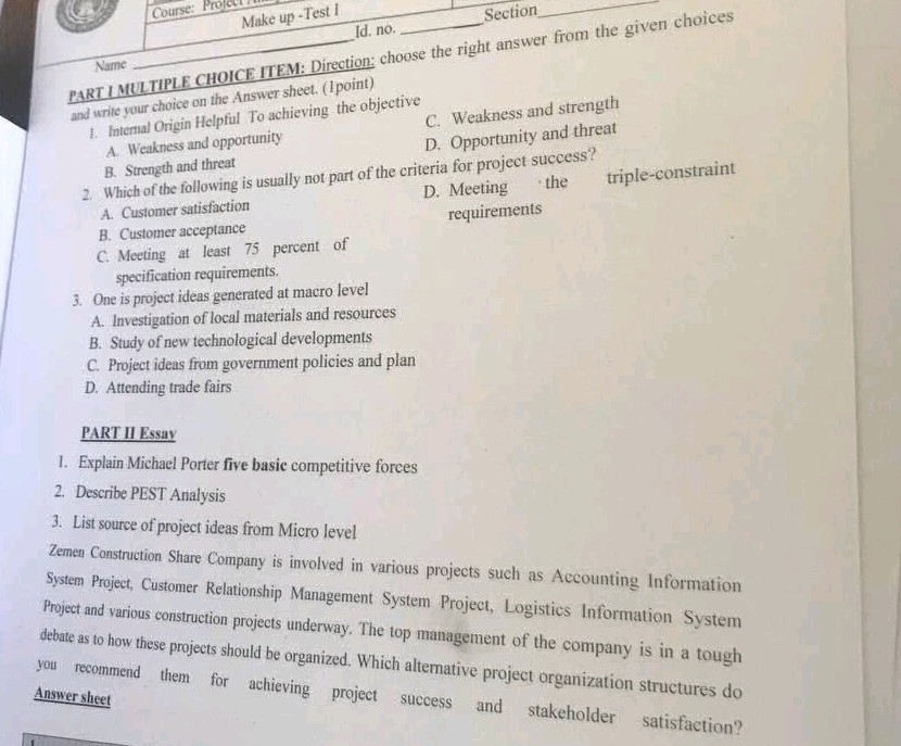 PART I MULTIPLE CHOICE ITEM Direction choose | StudyX