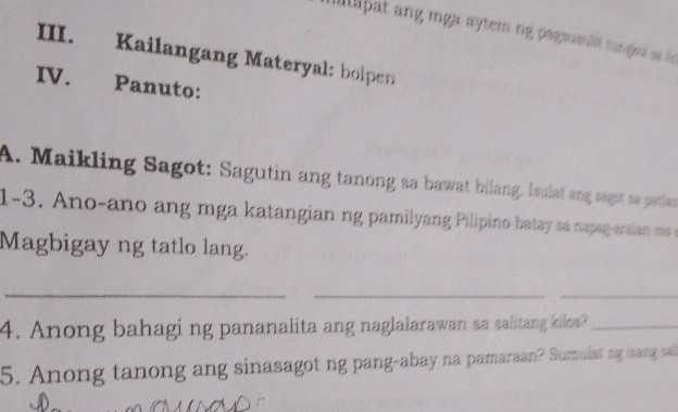 III Kailangang Materyal bolpen IV Panuto A | StudyX