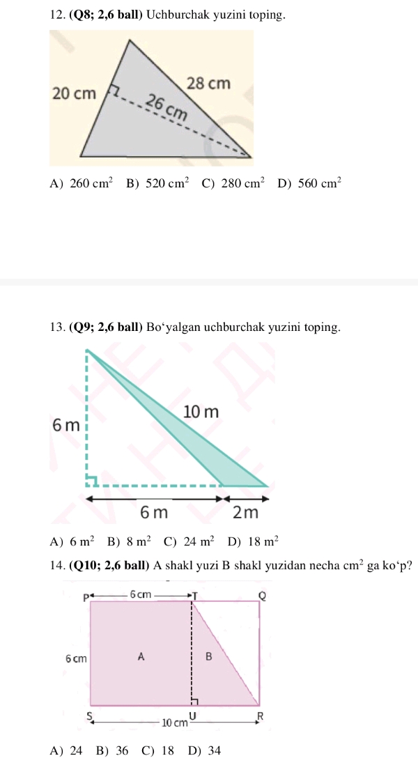 12 (Q8 26 ball) Uchburchak yuzini toping 20 | StudyX