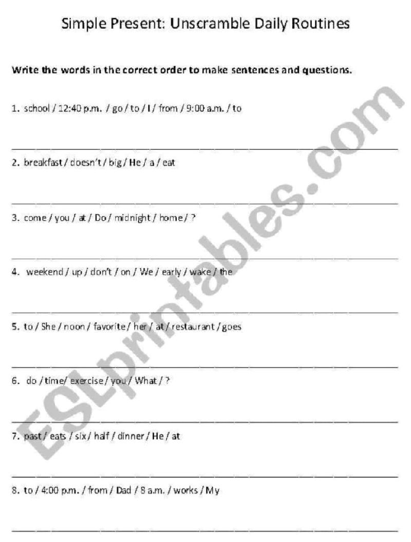 Simple Present Unscramble Daily Routines | StudyX