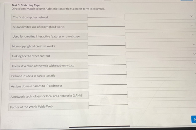 Test 3 Matching Type Directions Match column | StudyX