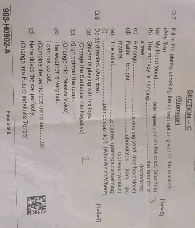 SECTION - C (Grammar) Q7 Fill in the blanks | StudyX